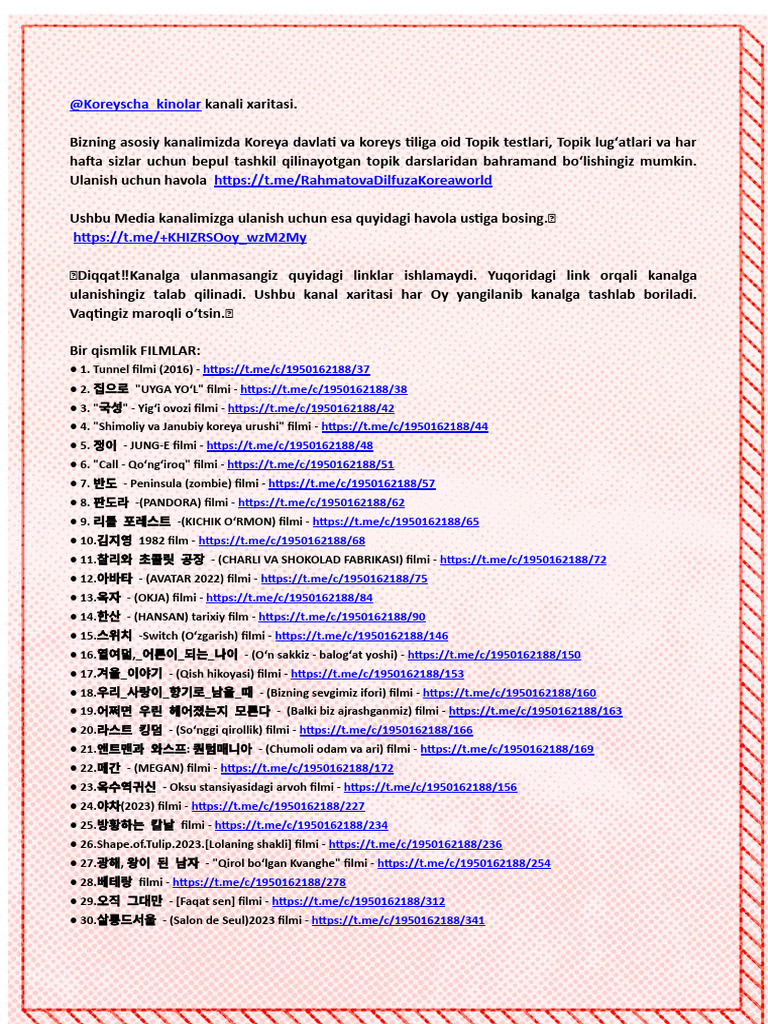 Media Xarita @koreyscha Kinolar Kanalining Mundarijasi 2023 12 23 | PDF