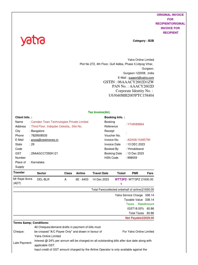 Flight Invoice 1312230112851 | PDF | Invoice | Cheque