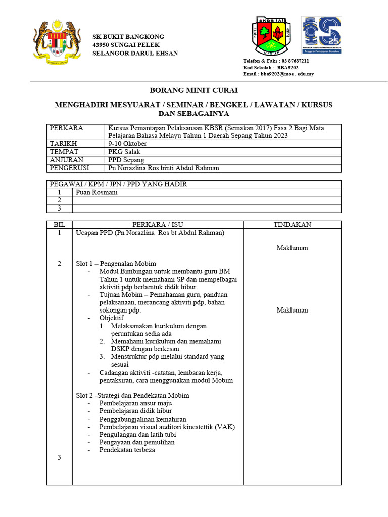 Borang Minit Curai RBT | PDF