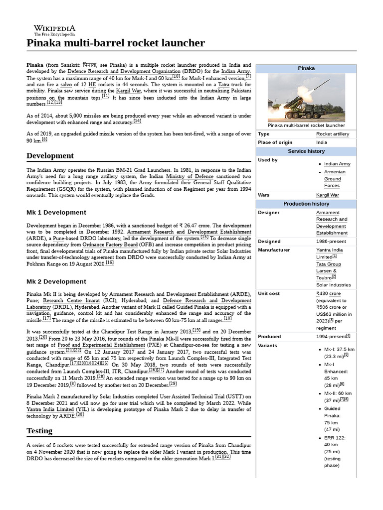 Pinaka Multi-Barrel Rocket Launcher | PDF