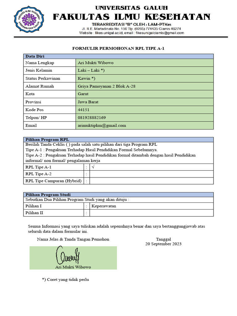 Formulir Permohonan RPL Tipe A | PDF