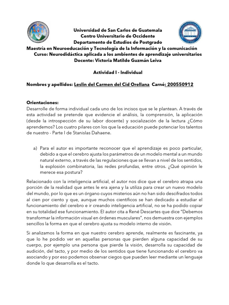 Actividad 1 ND Leslin Del Cid | PDF | Aprendizaje | Enseñando