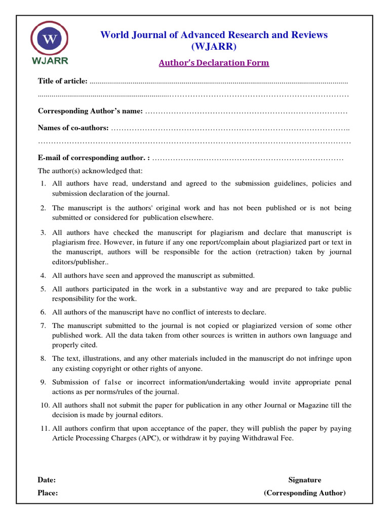 Wjarr Authors Declaration Form Pdf Plagiarism Copyright Law