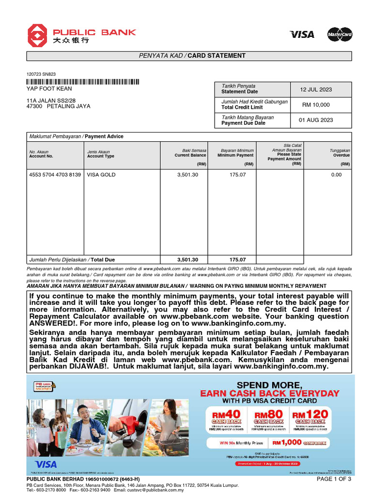 Penyata Kad / Card Statement: Yap Foot Kean 11A JALAN SS2/28 47300 Petaling Jaya 12 JUL 2023 RM ...