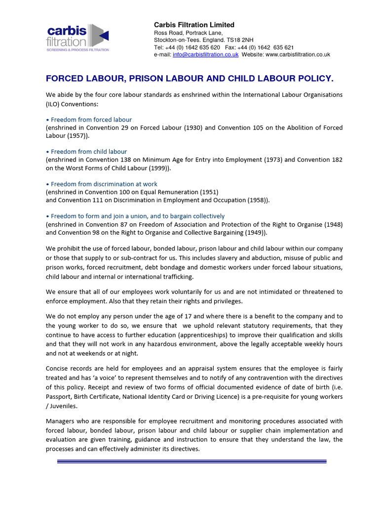 Carbis Filtration's Forced Labour Policy | PDF | International Labour ...