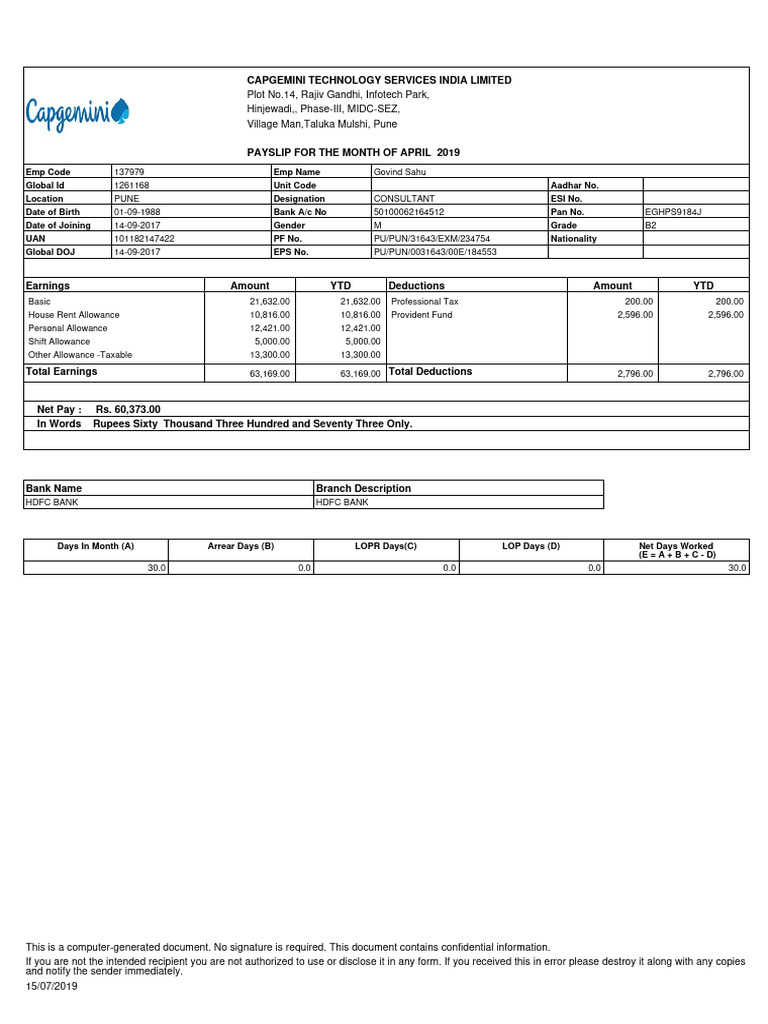Capgemini Technology Services India Limi | PDF | Finance & Money Management