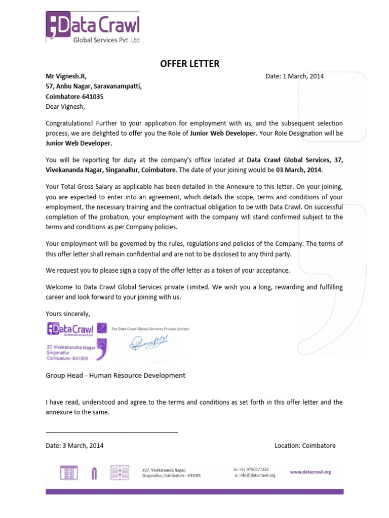 Vignesh Offer Letter | PDF | Employment | Background Check