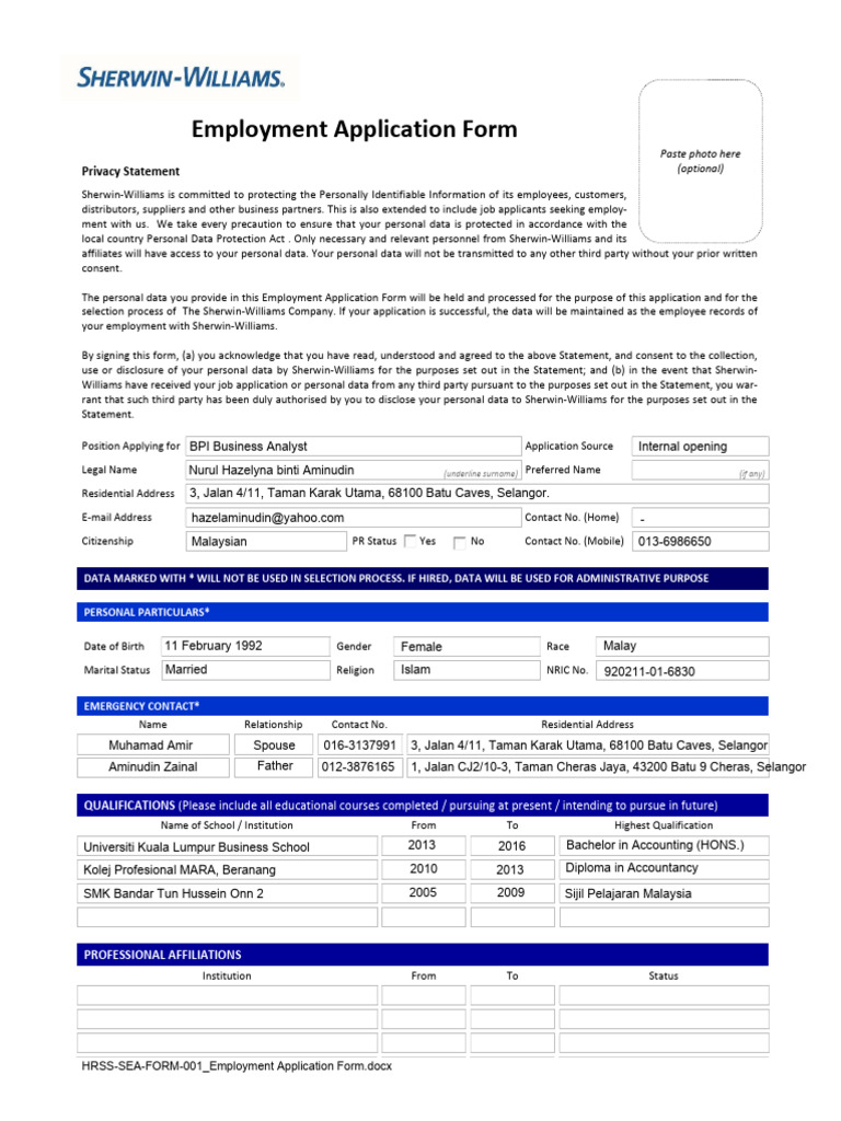 01 HRSS-SEA-FORM-001 - Employment Application Form - Hazelyna ...