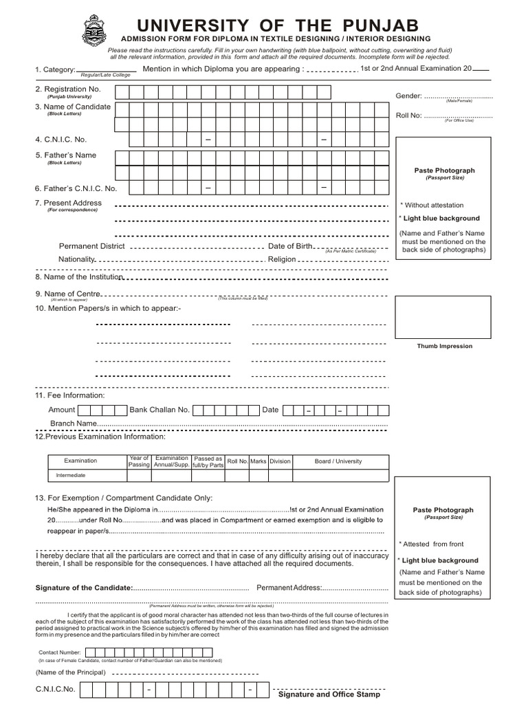 Diploma Textile Designing Interior Designing Form | PDF