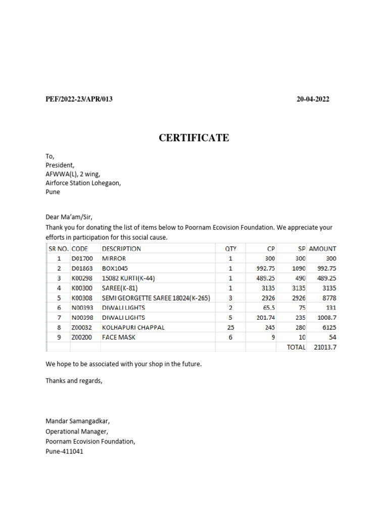 AFWWA Donation Certificate | PDF | Career & Growth | Business