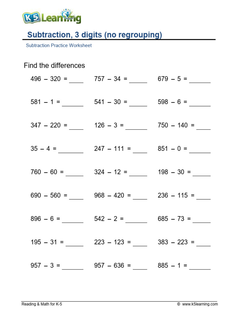 K-5 Subtraction Practice Worksheet | PDF | Teaching Methods & Materials