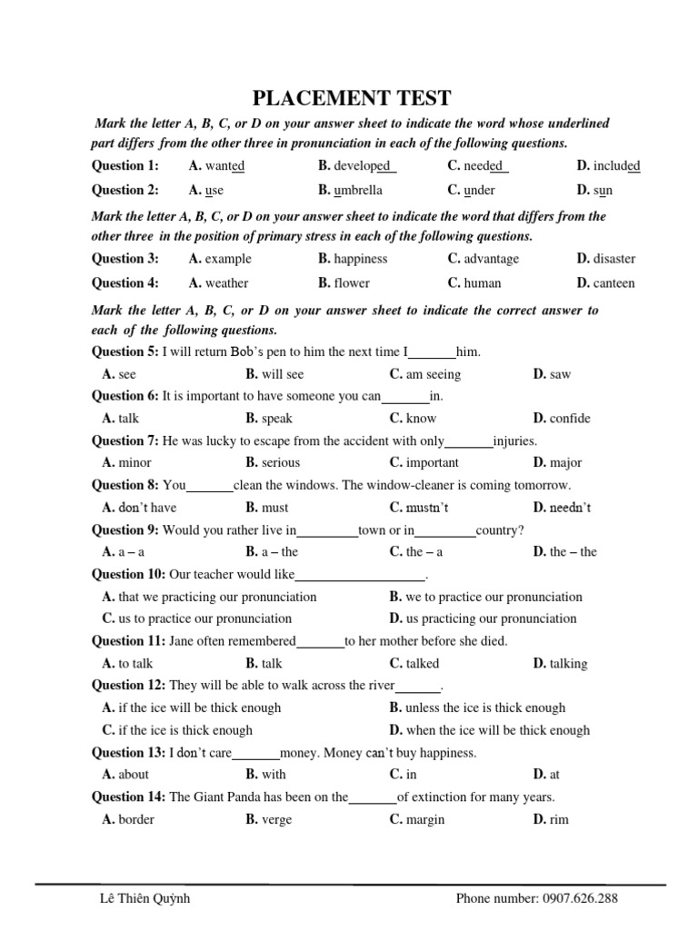 Placement Test | PDF | Scuba Diving | Sugar