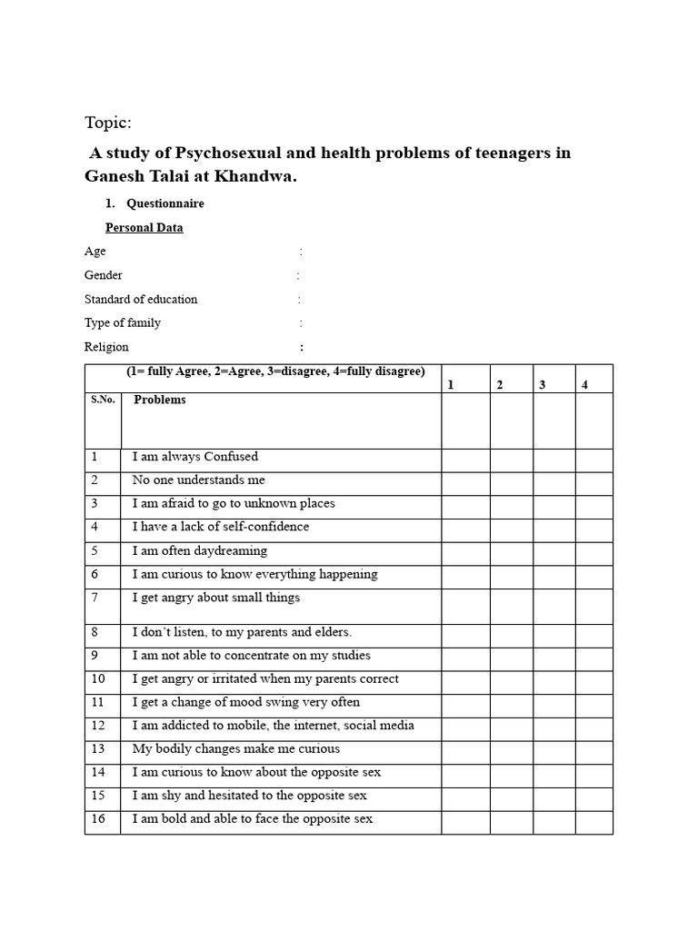 Questionnaire | PDF | Adolescence | Psychology