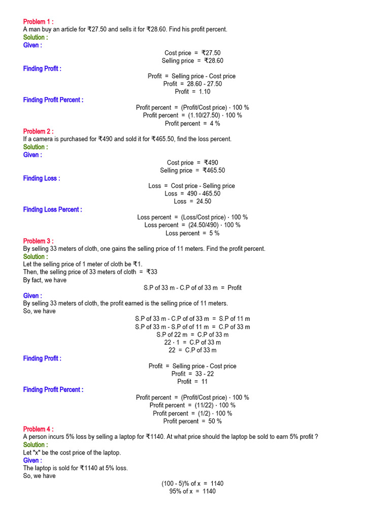 Worksheet On Profit and Loss | PDF | Prices | Cost