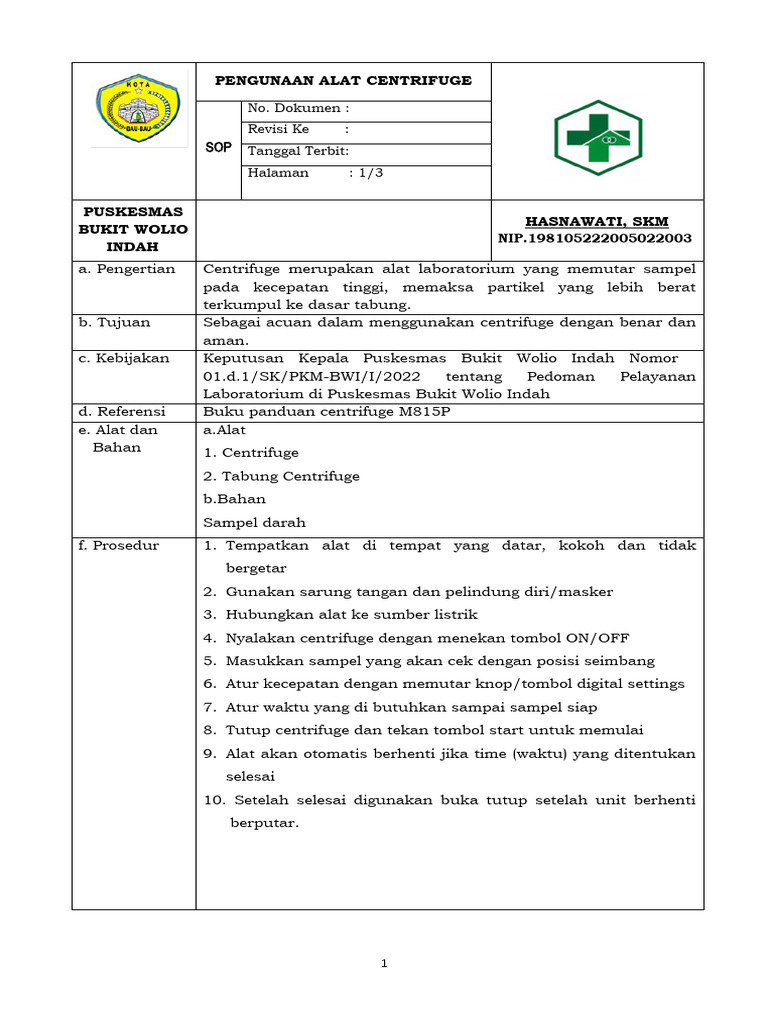 Sop Penggunaan Alat Centrifuge | PDF