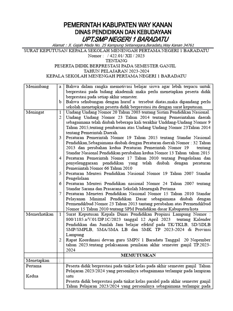 SK Peserta Didik Berprestasi SMT Ganjil 2023 | PDF