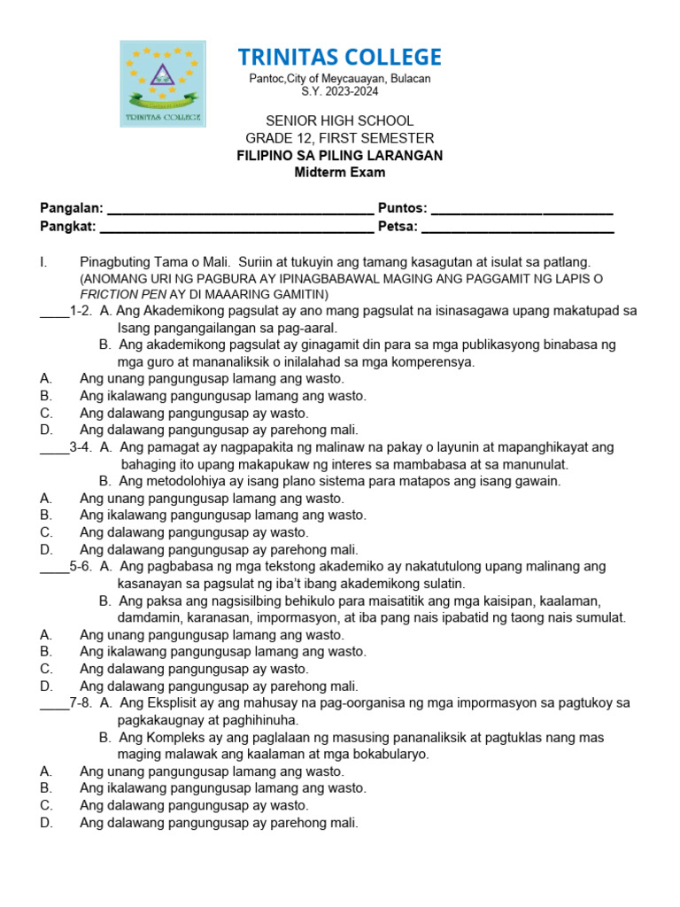 Q1 Exam FSPL | PDF