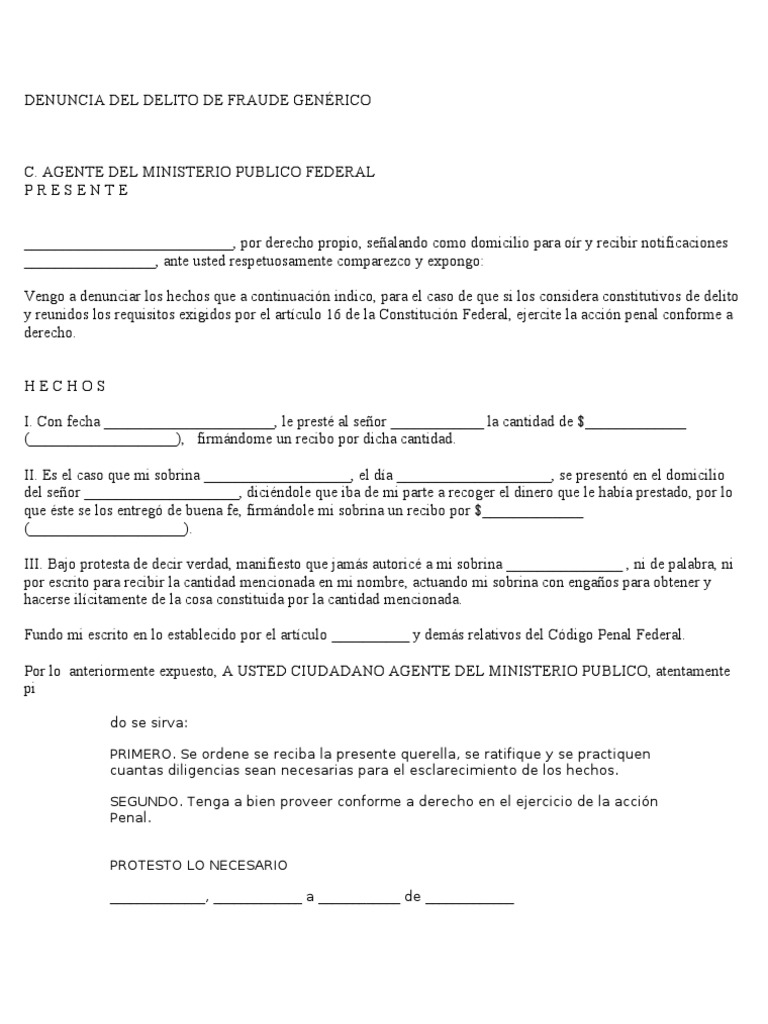 Denuncia Del Delito de Fraude Genérico | PDF | Robo | Derecho penal