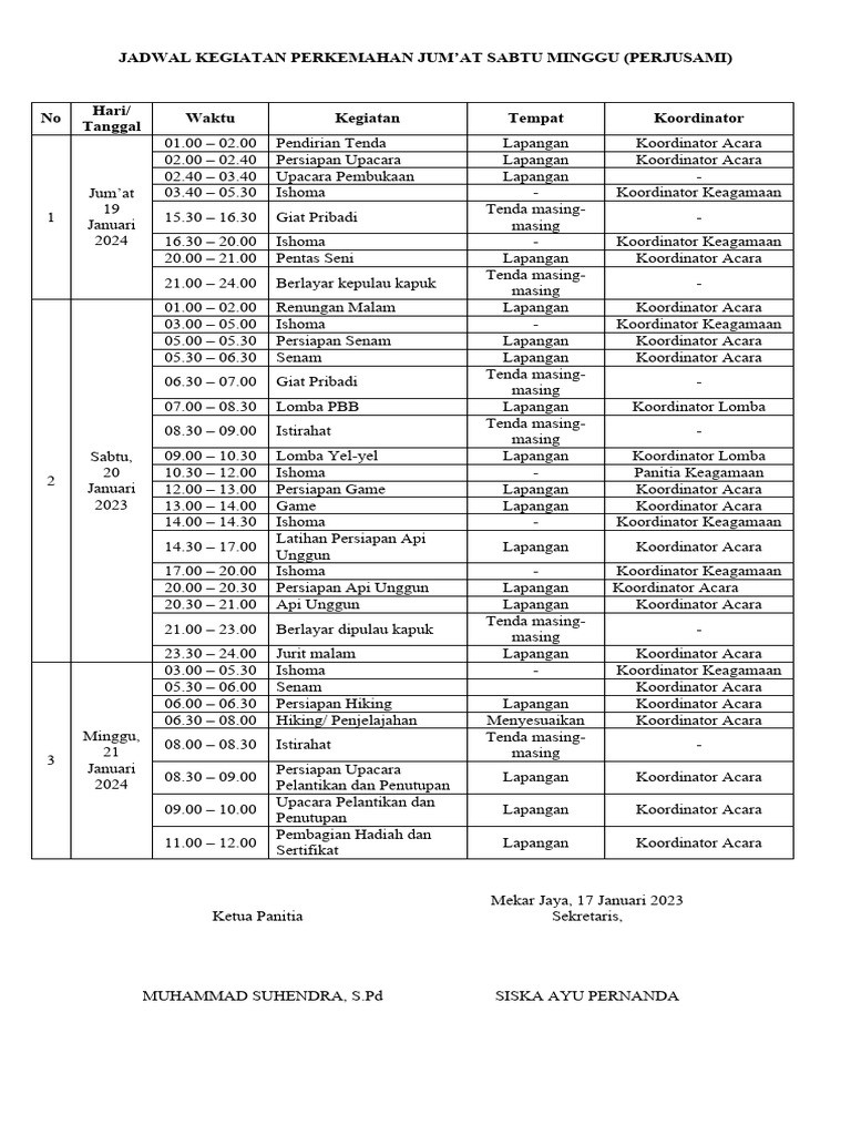 Jadwal Kegiatan Perkemahan Jusami 2023-1 | PDF