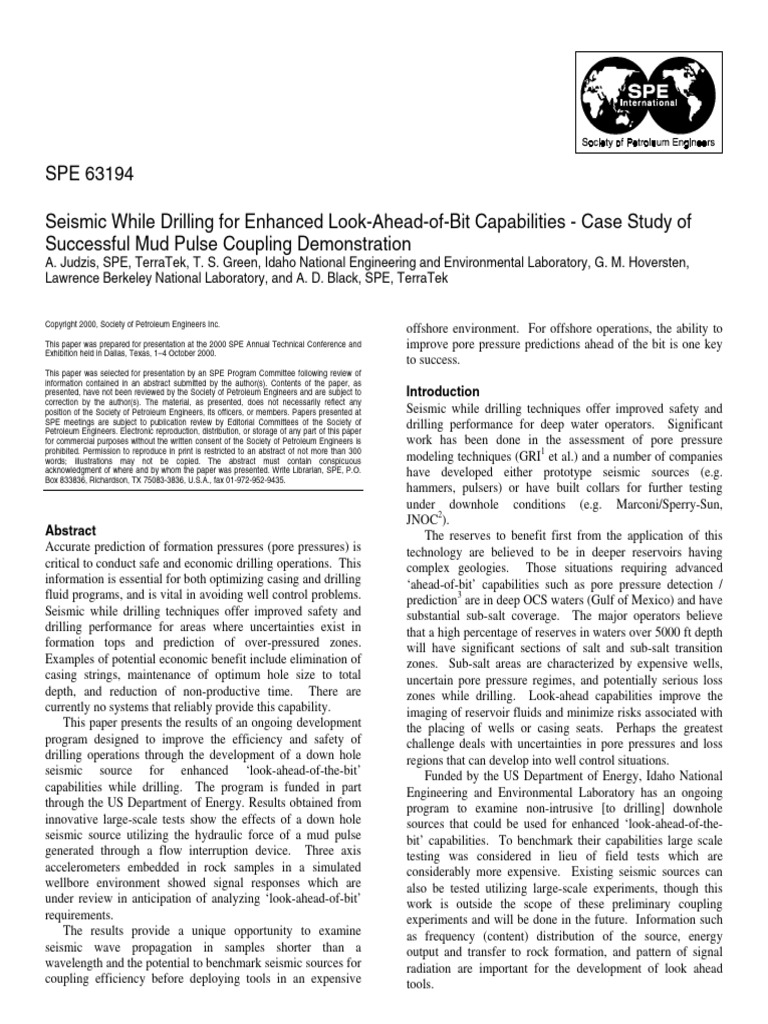 SPE 63194 Seismic While Drilling For Enhanced Look-Ahead-of-Bit Capabilities - Case Study of ...