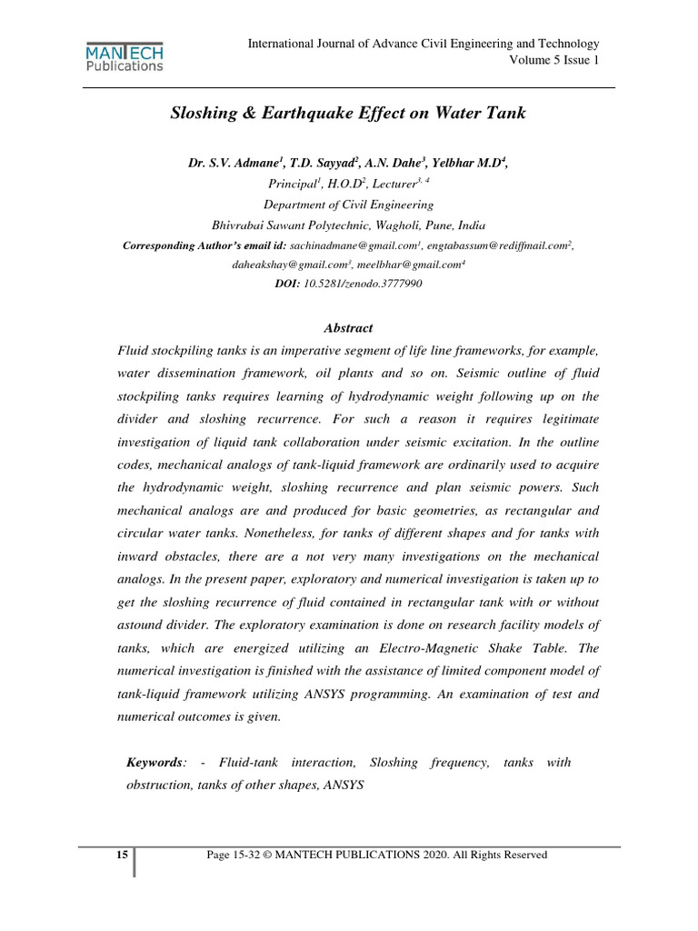 Sloshing & Earthquake Effect On Water Tank | PDF | Water | Earthquakes