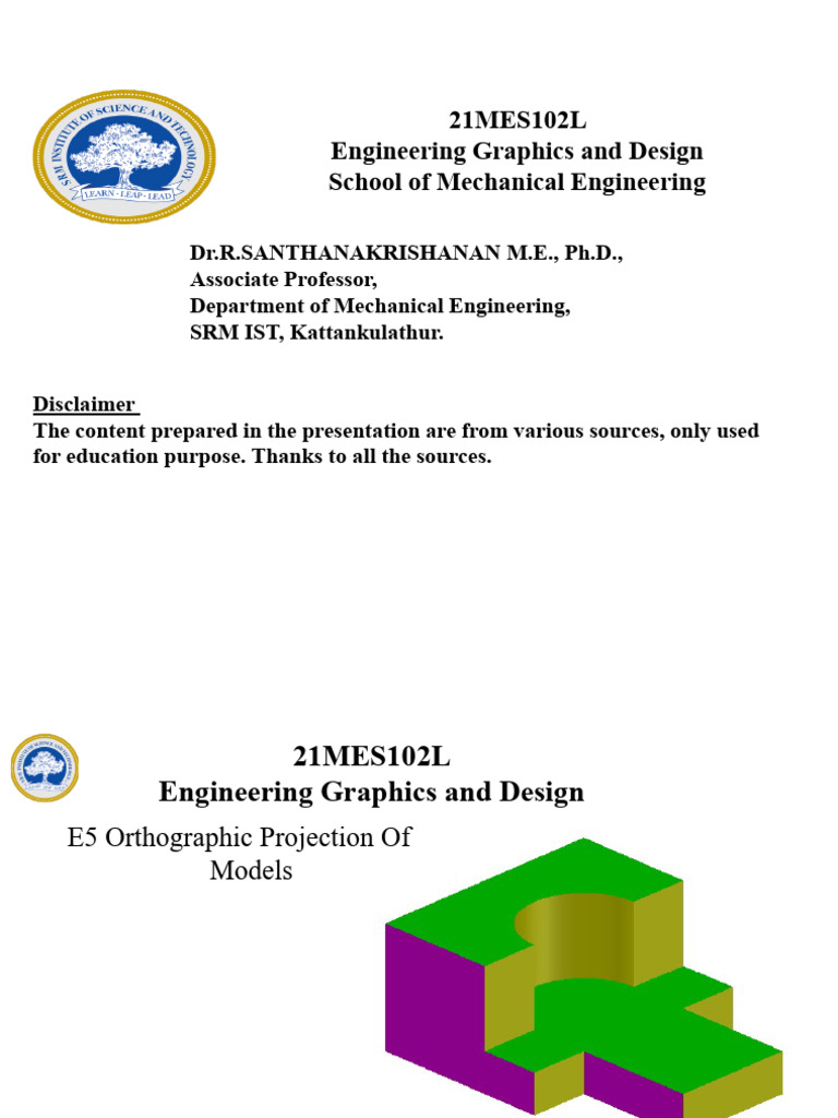 21MES102L Engineering Graphics and Design School of Mechanical Engineering | PDF | Computer ...