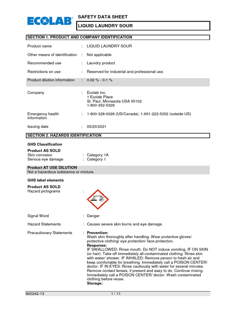 Ecolab Laundry Liquid Sour First Grade | PDF | Personal Protective ...