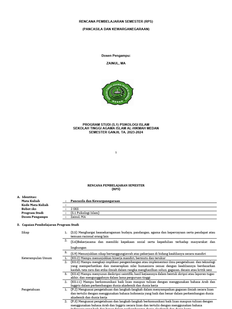 RPS Pancasila Dan Kewarganegaraan | PDF