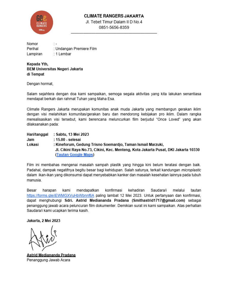 Surat Undangan BEM UNJ | PDF