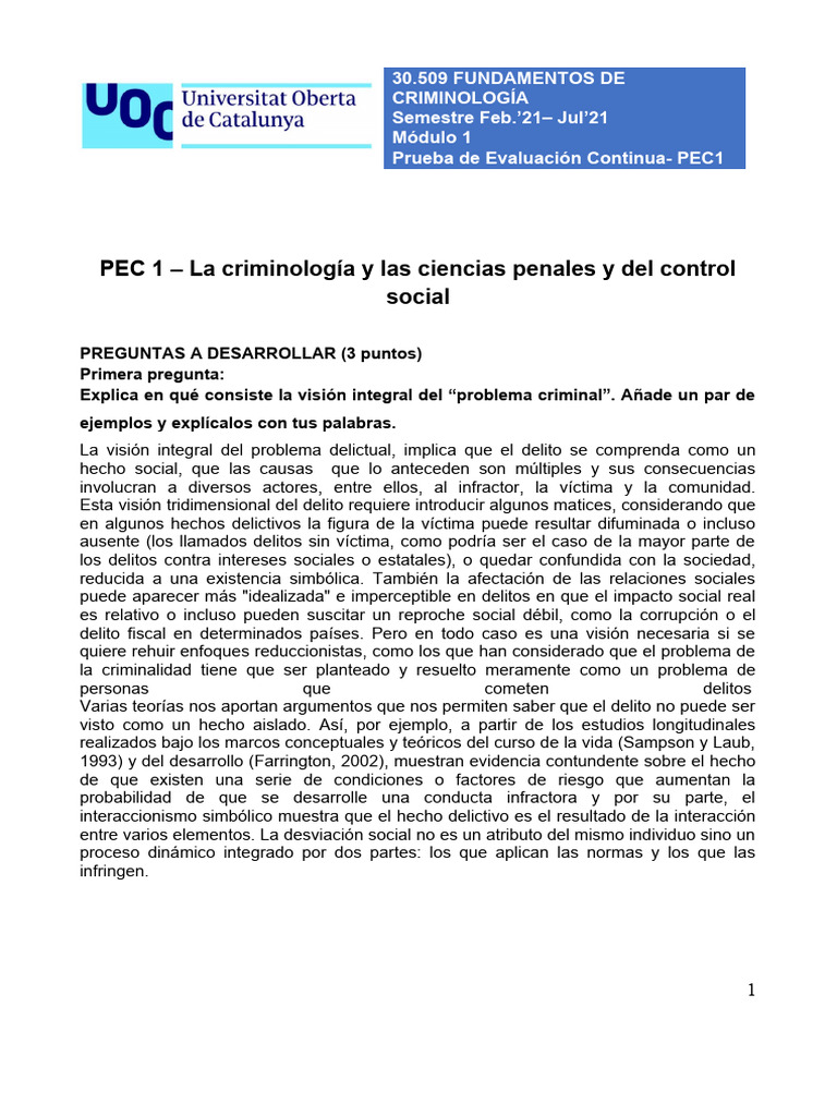 Fundamentos de Criminología Solución PEC 1 | PDF | Criminología | Derecho penal