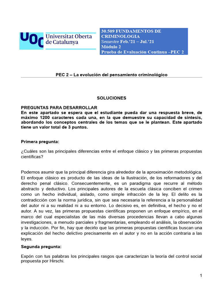 Fundamentos de Criminología Solución PEC 2 | PDF | Criminología | Crímenes
