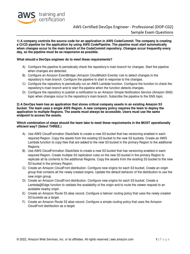 AWS Certified DevOps Engineer Professional - Sample Questions | PDF | Amazon Web Services ...