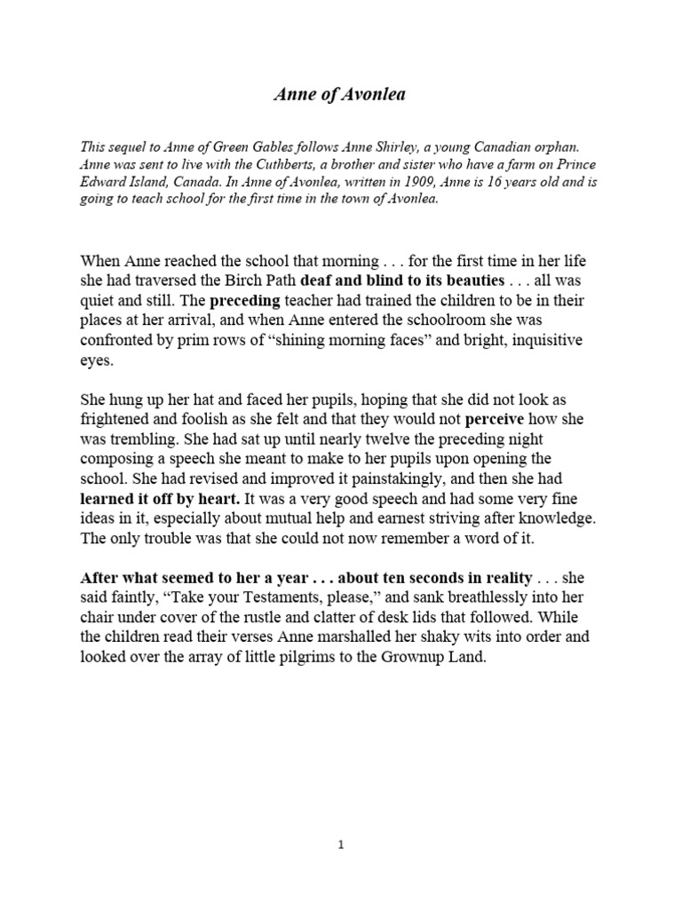 Anne of Avonlea - Comprehension | Download Free PDF | Anne Of Avonlea