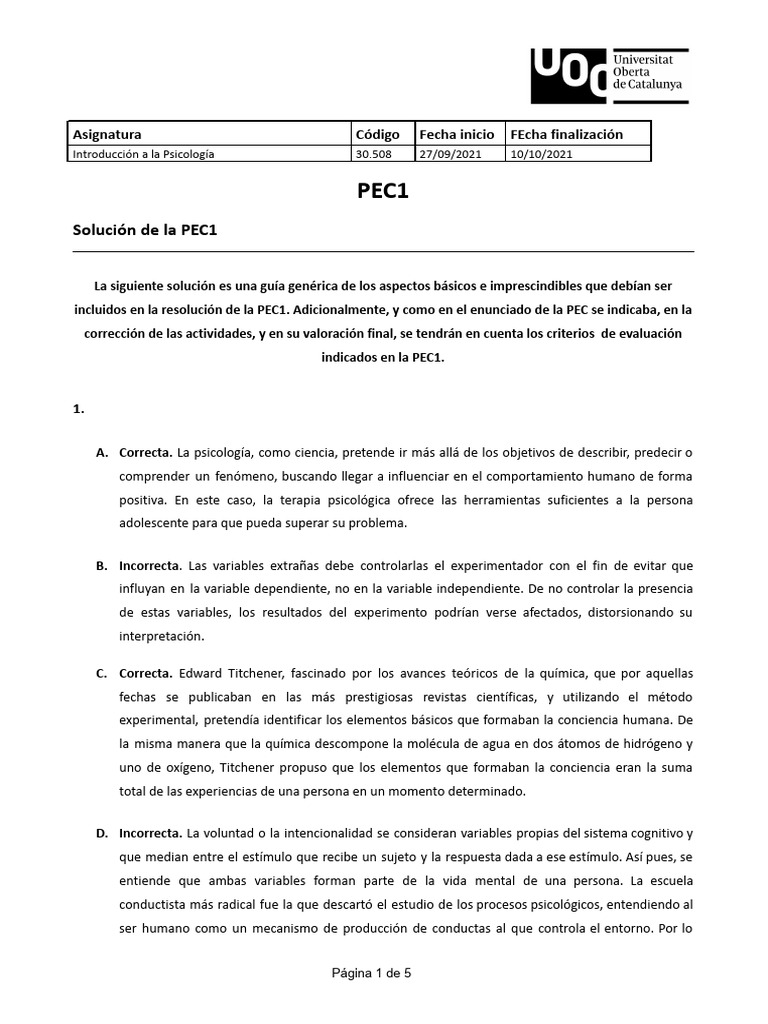 Solucion PEC1 Introducción a la Psicología | PDF | Método científico | Sicología