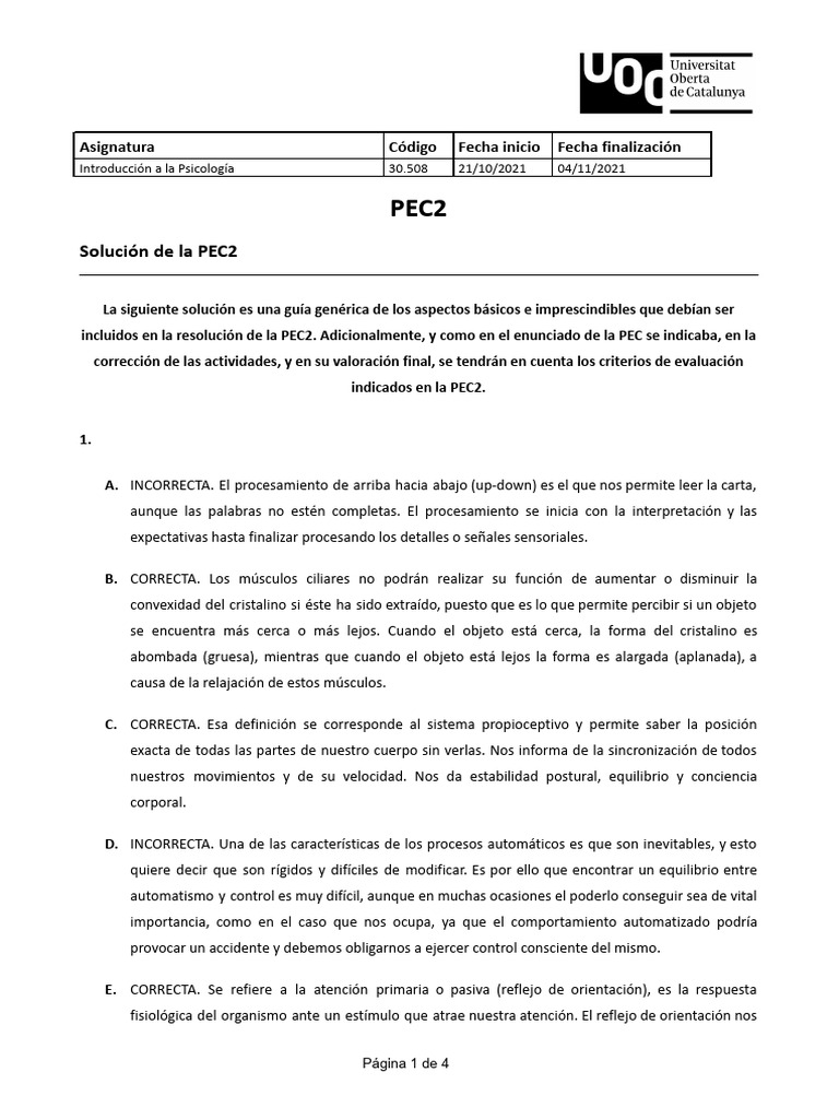 Solución PEC1 Introducción A La Psicología | PDF | Percepción | Cognición