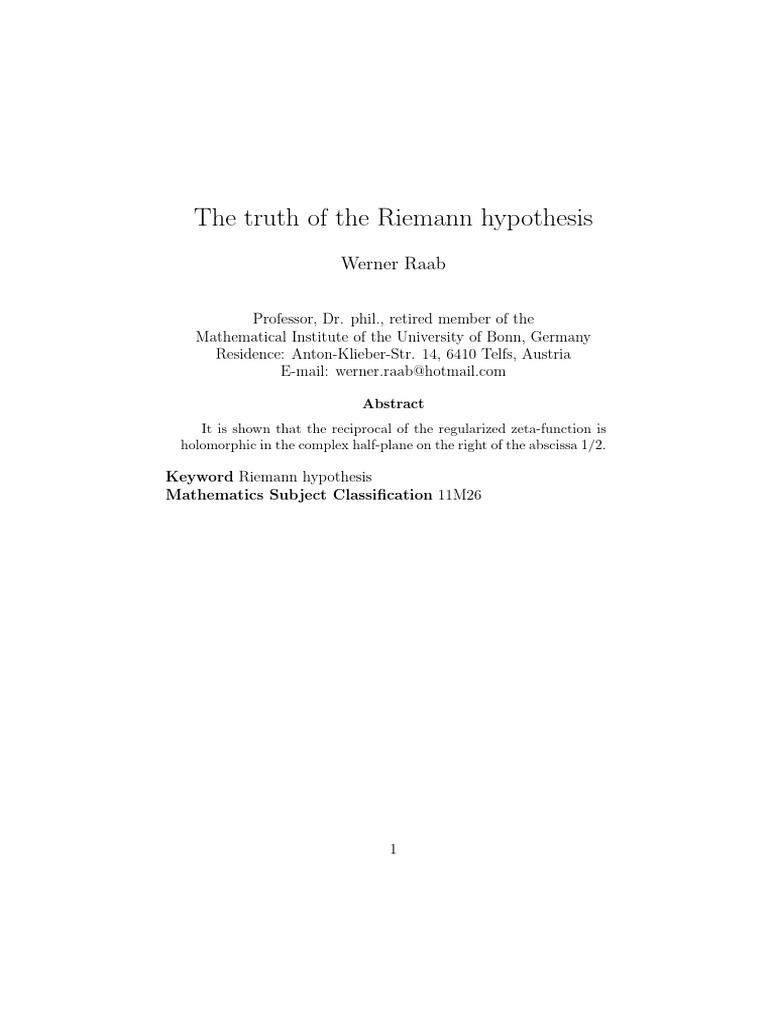 Werner, Raab - The Truth of Riemann Hypothesis | PDF | Complex Analysis ...