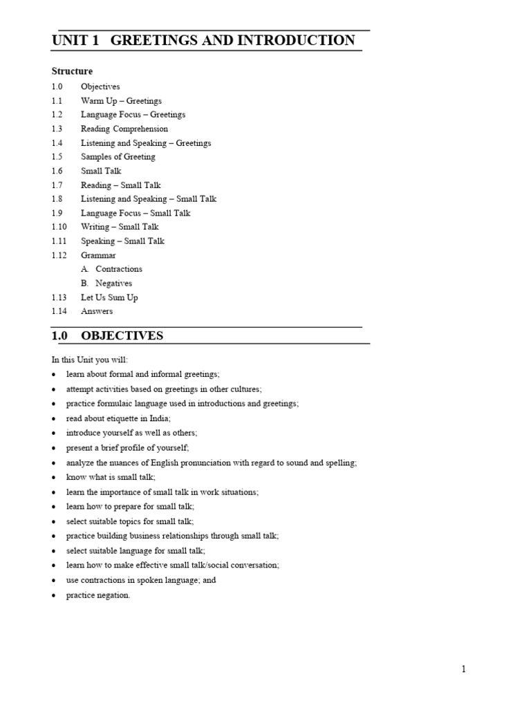 Unit 1 Greetings and Introductions - Long - Upper - Notes and Exer ...