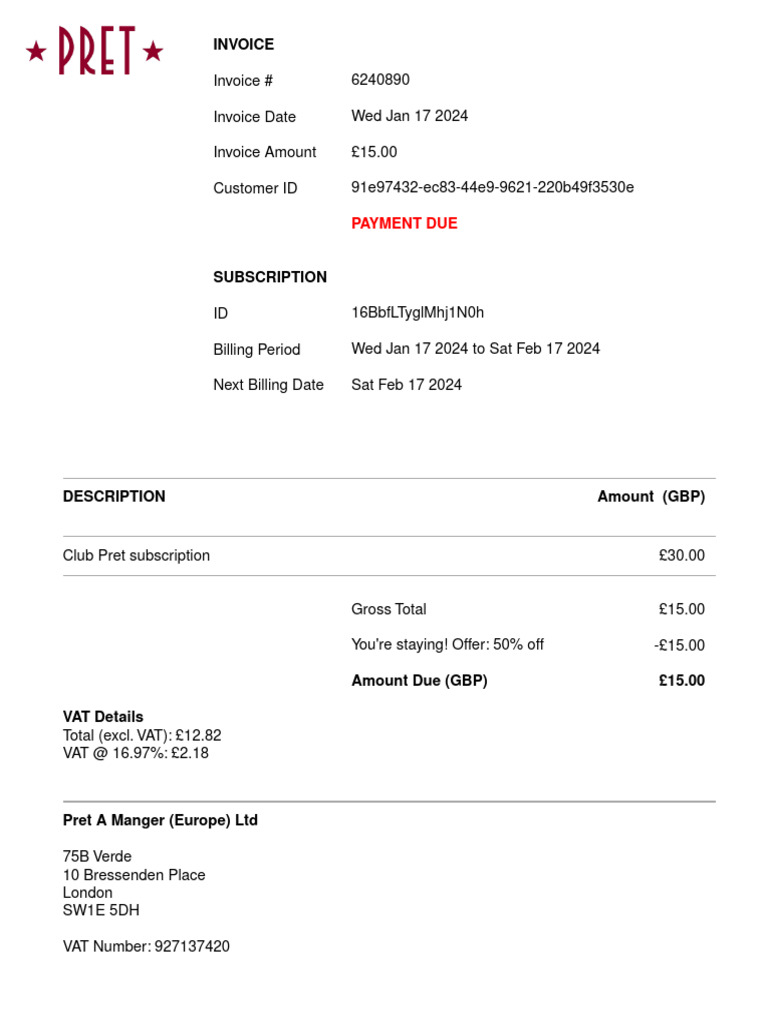 Club Pret Subscription Invoice | PDF | Finance & Money Management