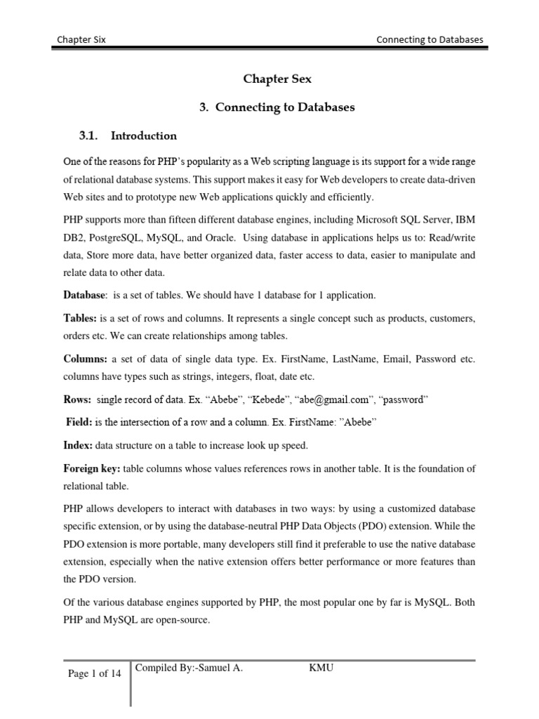 Chapter 6 Data Base Manipulatio Using PHP Note 2013 | PDF | Databases | Php