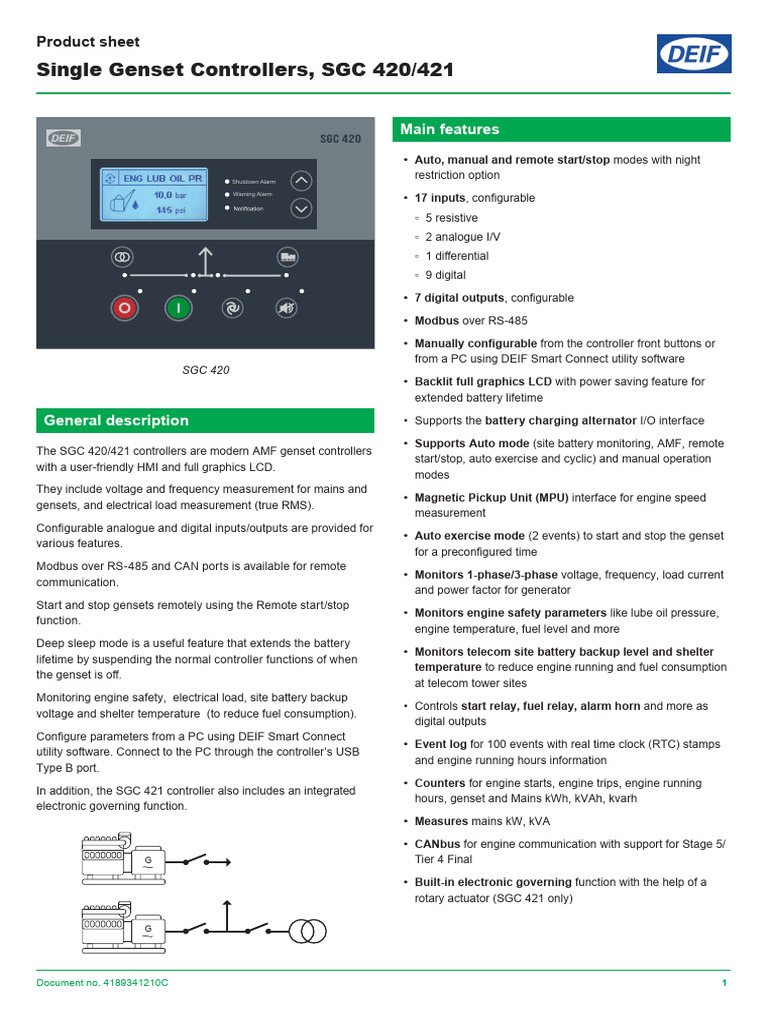 DEIF SGC420 - SGC421 Product Sheet | PDF | Mains Electricity | Electricity