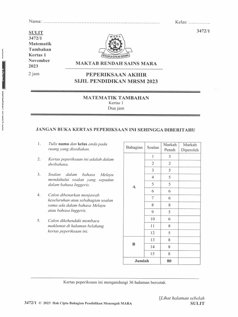 Add Math Trial SPMRSM 2023 K1 (Q) | PDF