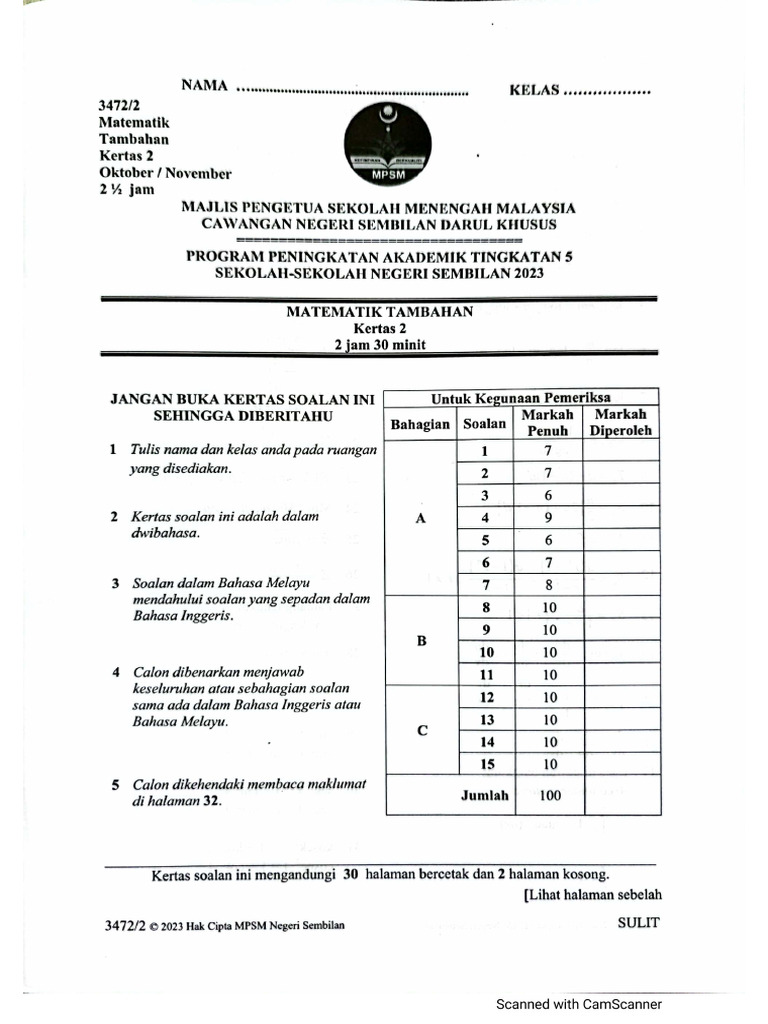 ADD MATH TRIAL Negeri Sembilan K2 2023 | PDF