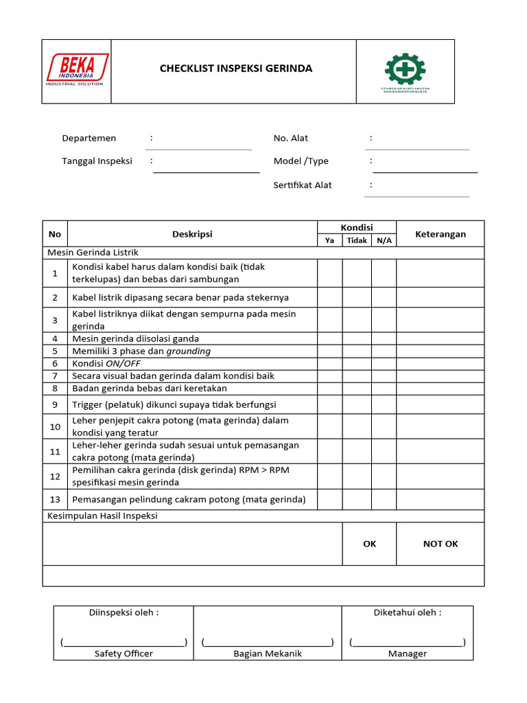 Form Check List Inspeksi Mesin Gerinda | PDF