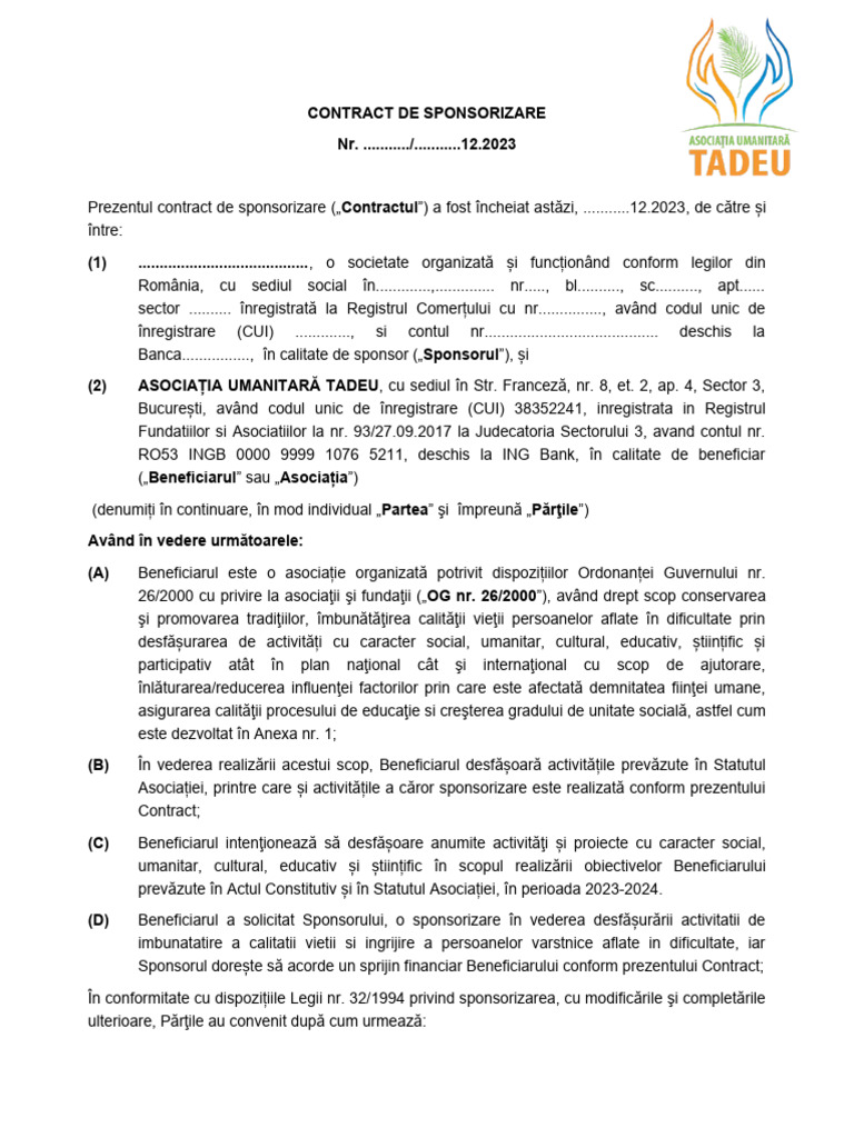 Contract Sponsorizare Model | PDF