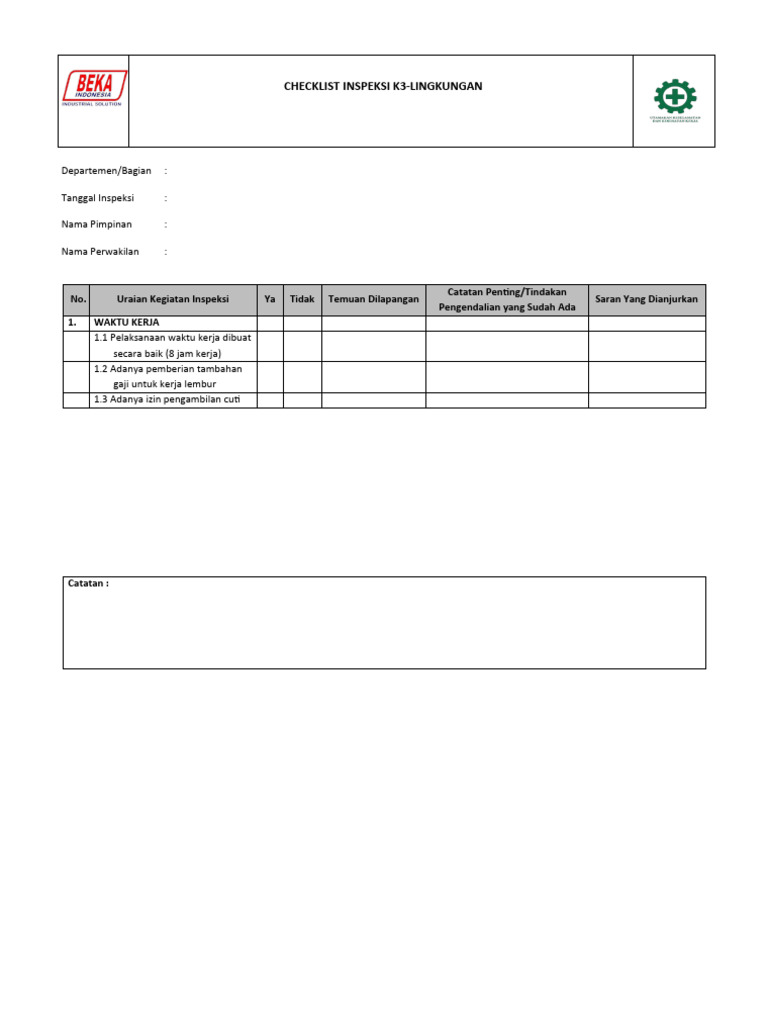 Form Check List Inspeksi K3-Lingkungan (General Inspection) | PDF