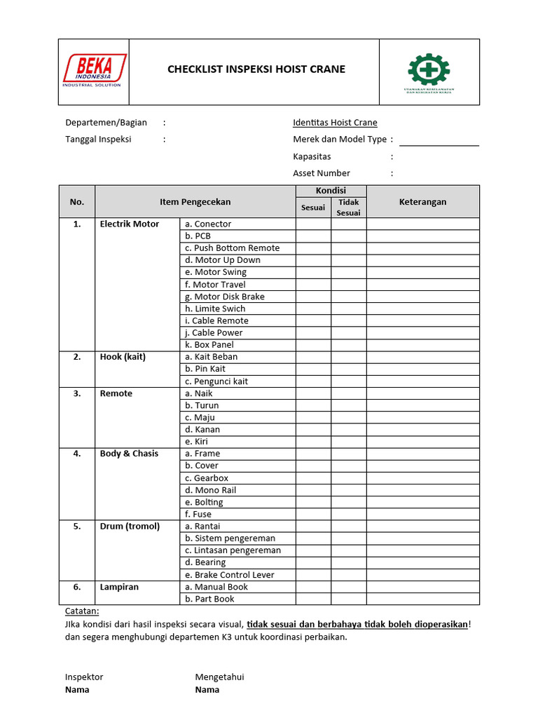 Form Check List Inspeksi Hoist Crane | PDF