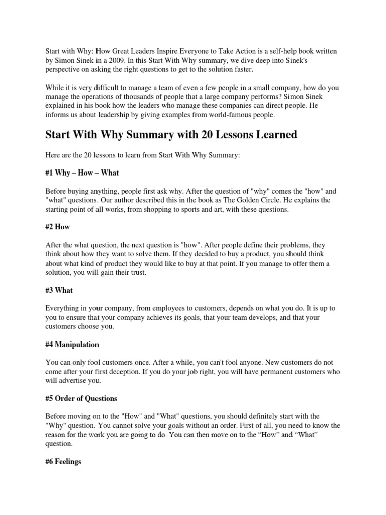 Start With Why Summary PDF | PDF | Motivation | Motivational Start With Why Summary PDF | PDF | Motivation | Motivational