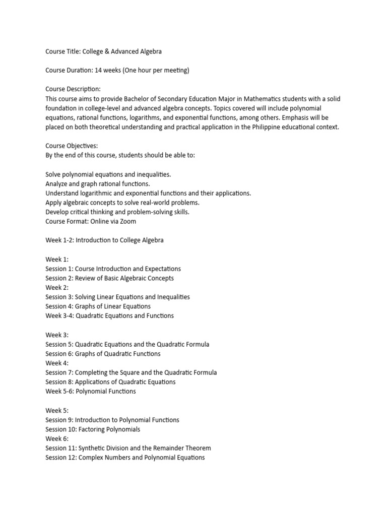 College & Advanced Algebra Course Outline | Download Free PDF ...