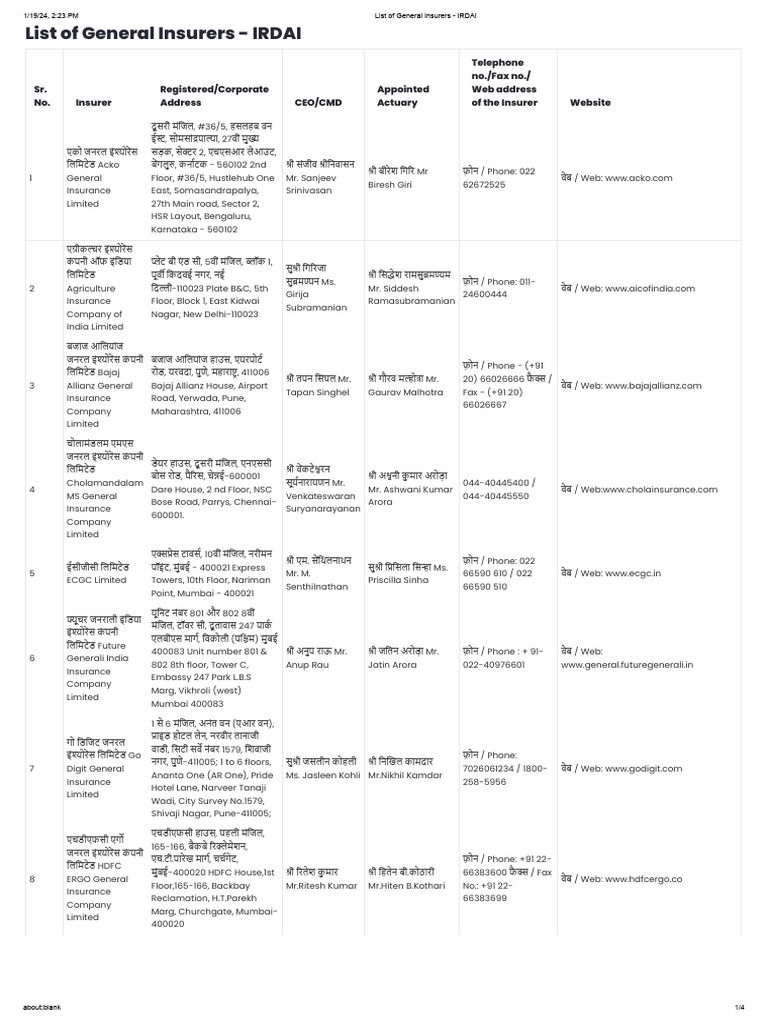 List of General Insurers - IRDAI | PDF