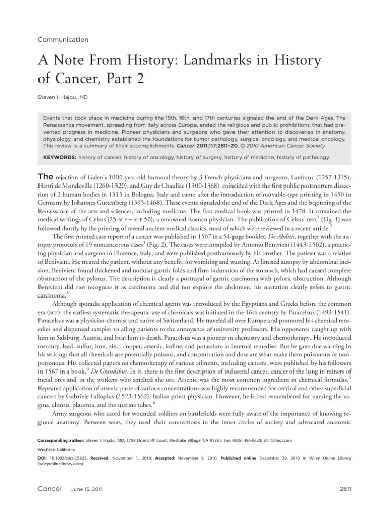Cancer - 2011 - Hajdu - A Note From History Landmarks in History of ...